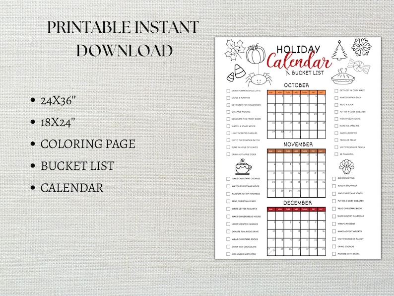 Printable Fall Calendar Poster, Fall Activities Calendar, Autumn ...