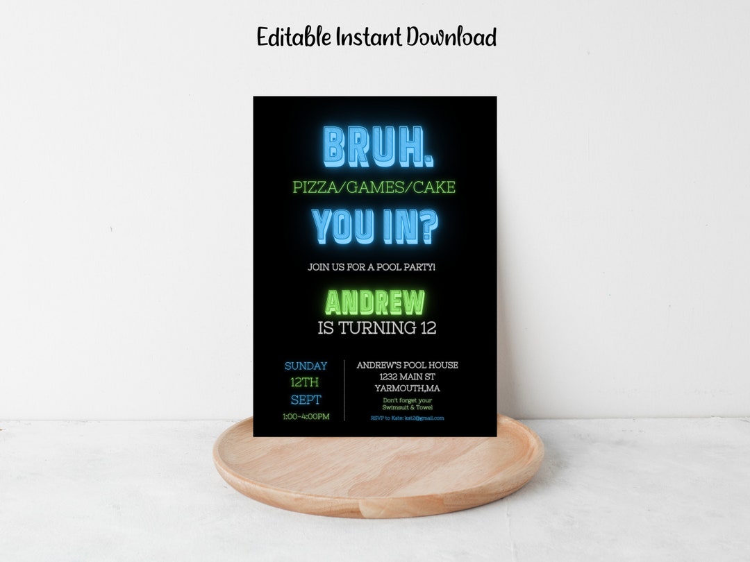 Bruh Neon Birthday Invitation, Boy Birthday Invitation, Teenager ...