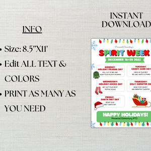 Editable Christmas Spirit Week Flyer Canva Template, School Spirit ...