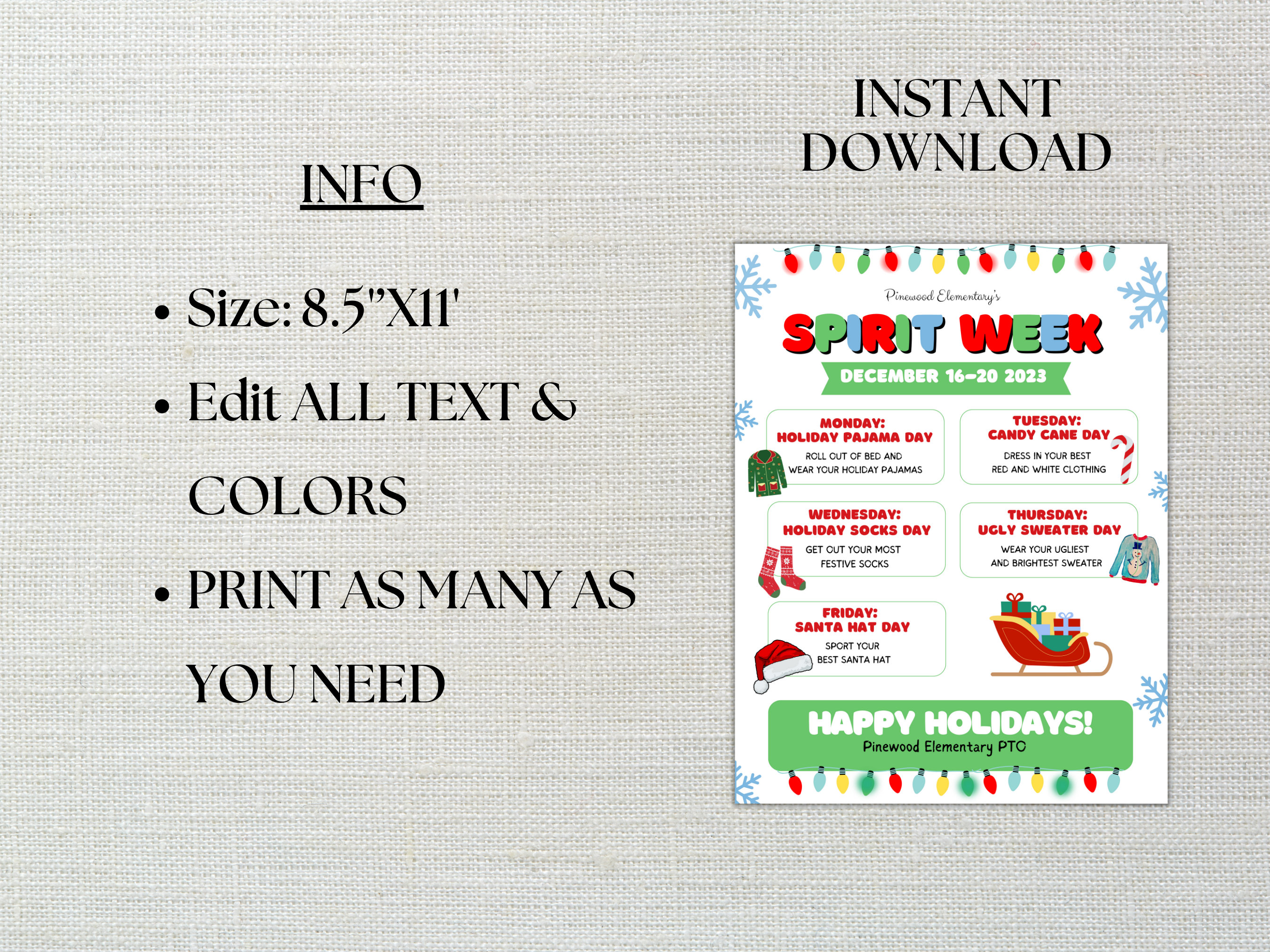 Editable Christmas Spirit Week Flyer Canva Template, School Spirit ...