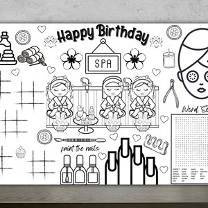 Spa Party Coloring Placemat, Personalized, Spa Party, Printable, Custom ...
