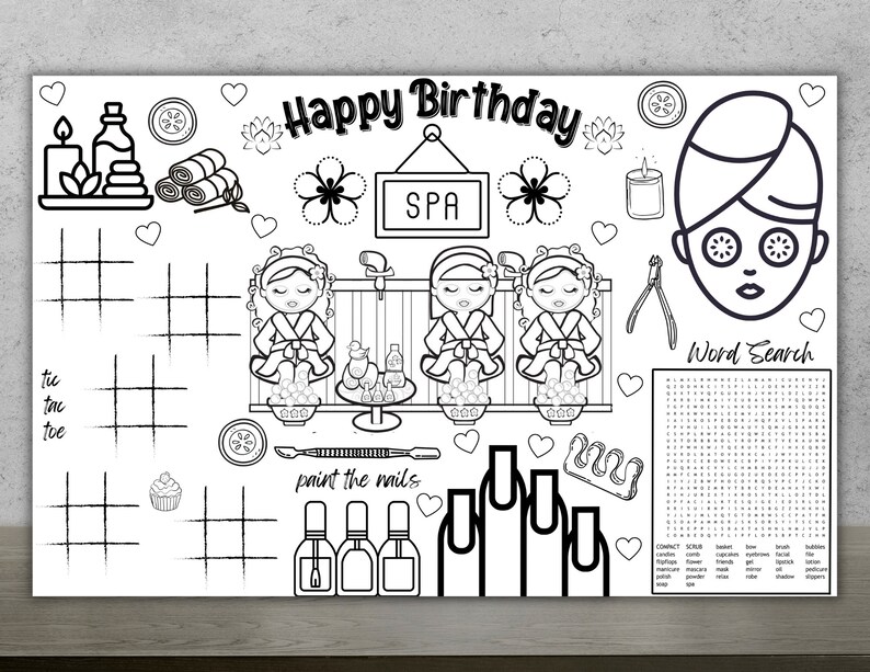 Spa Party Coloring Placemat, Personalized, Spa Party, Printable, Custom ...
