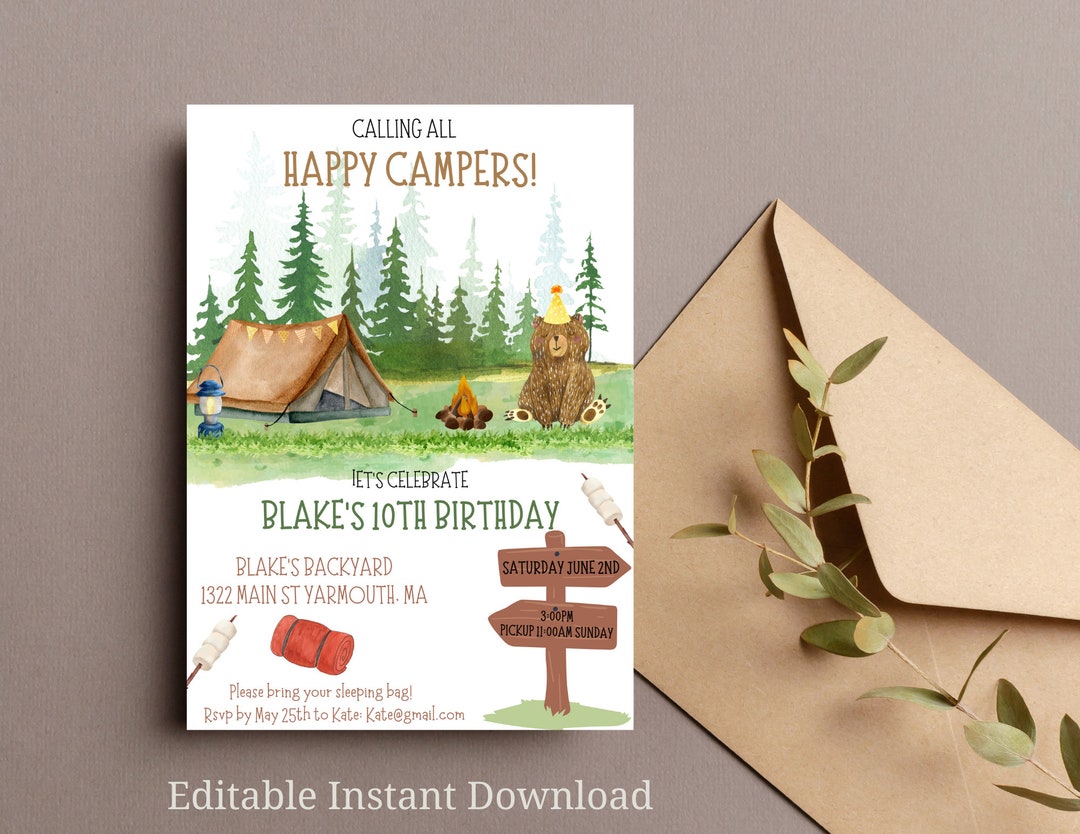 Camping Birthday Invitation Template Adventure Forest Camp Birthday ...