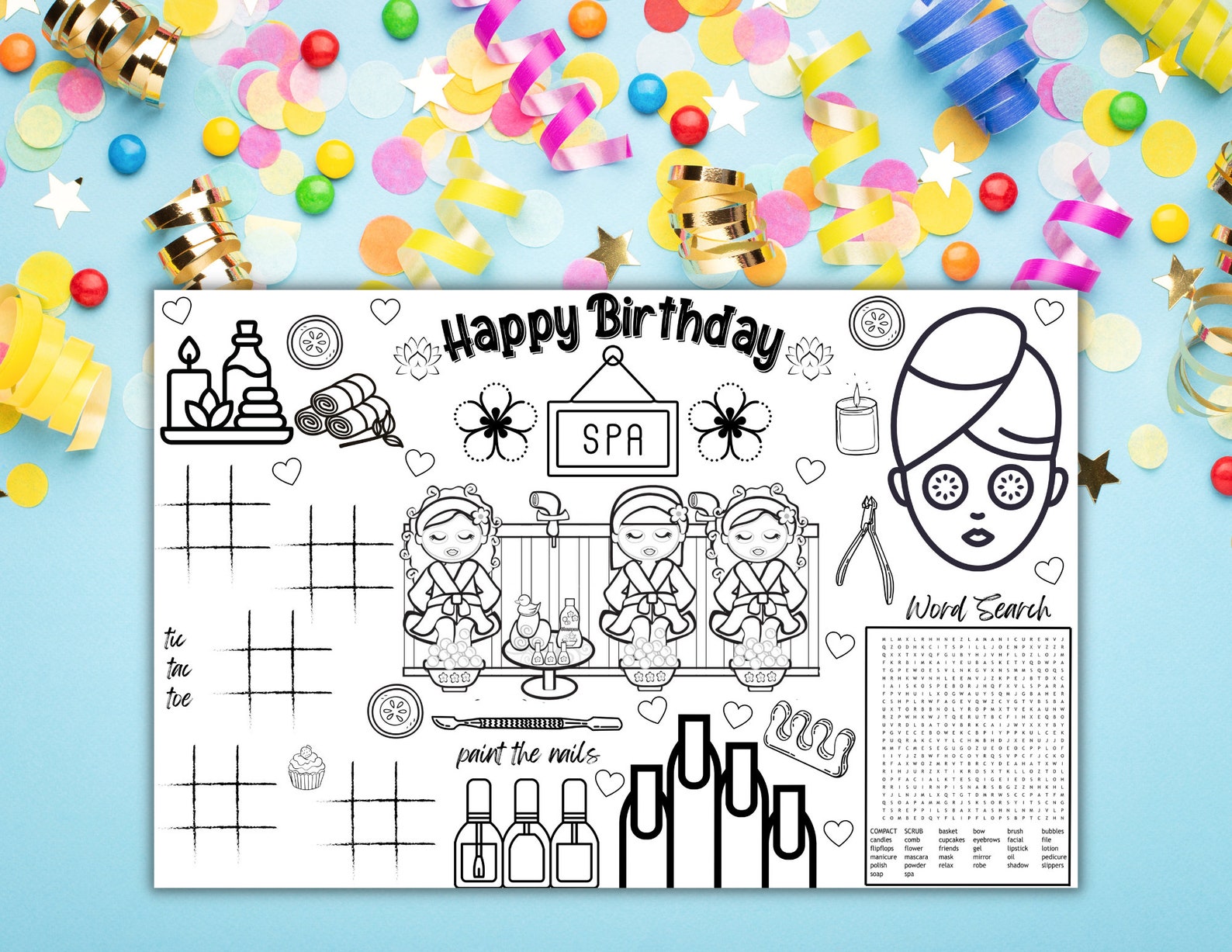 Spa Party Coloring Placemat, Personalized, Spa Party, Printable, Custom ...