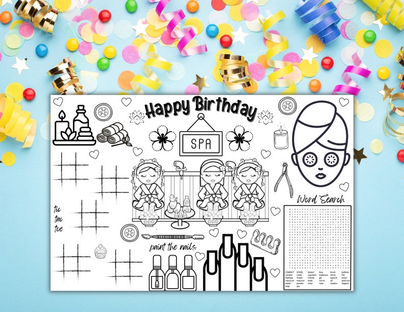Spa Party Coloring Placemat Personalized Spa Party - Etsy