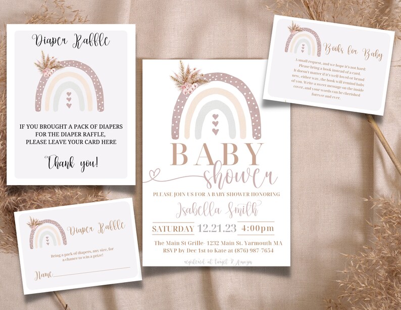 Editable Boho Rainbow Baby Shower Invitation Bundle Pink - Etsy