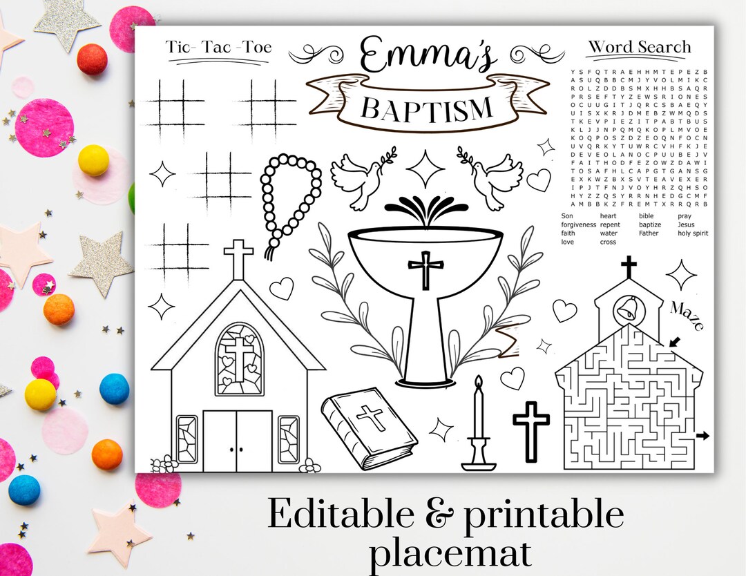 Baptism Coloring Placemat, Christening Coloring Placemat, Personalized ...