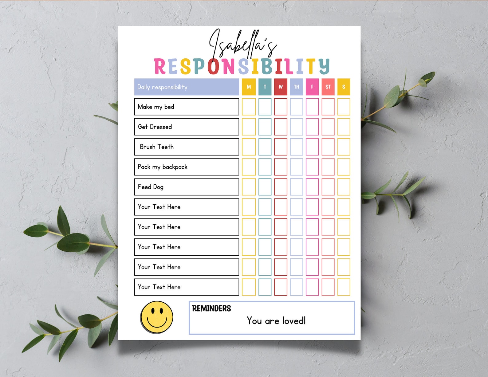 Responsibility Chore Chart for Kids Fully Editable Daily - Etsy