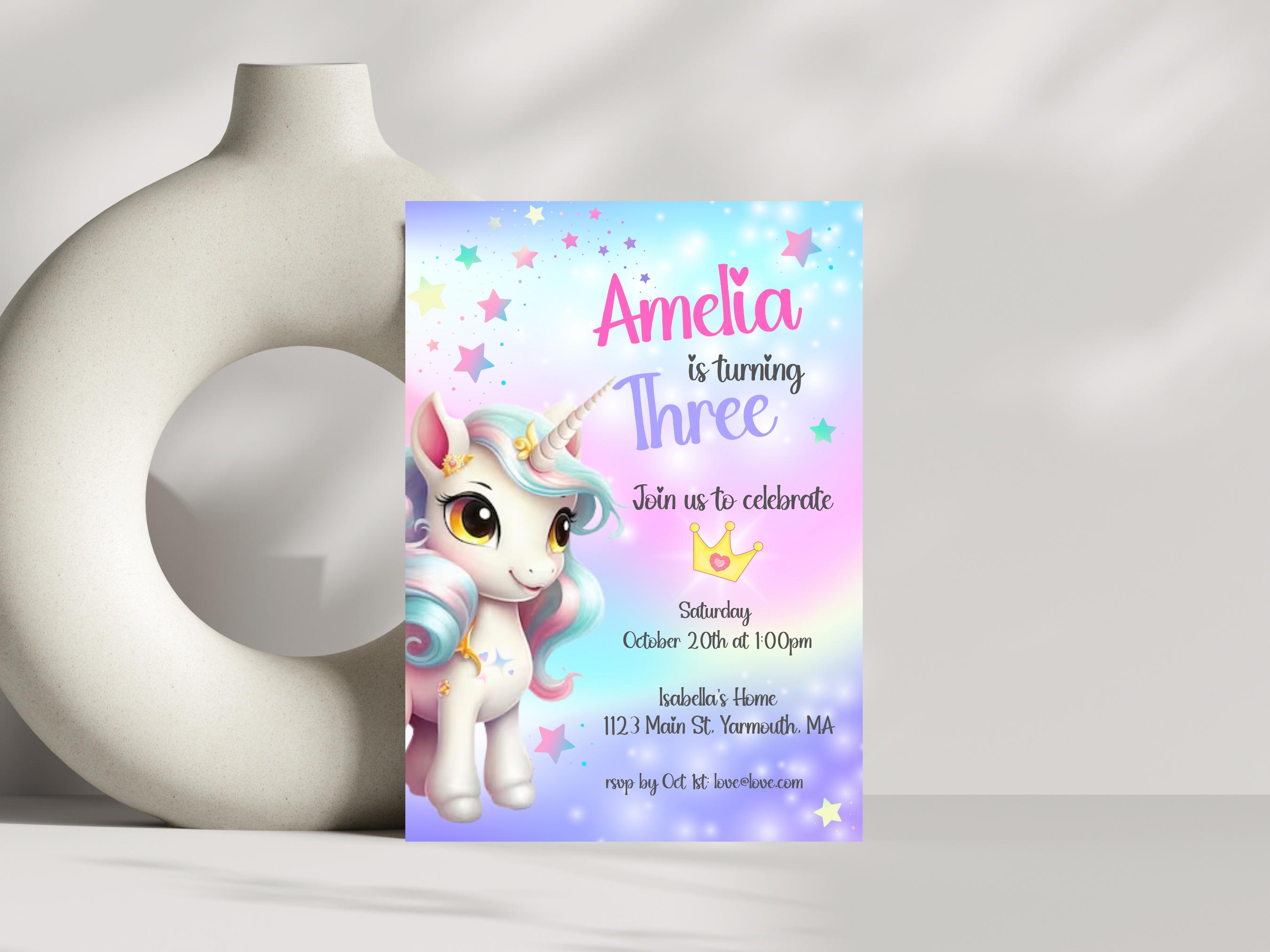 Unicorn Birthday Invitation Pastel Rainbow Party Invite Sparkle ...