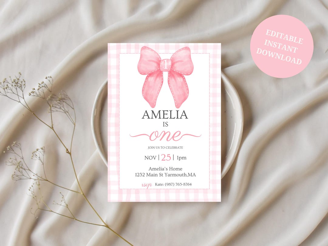 Editable Pink Bow Birthday Invitation, 1st Birthday, First Birthday ...