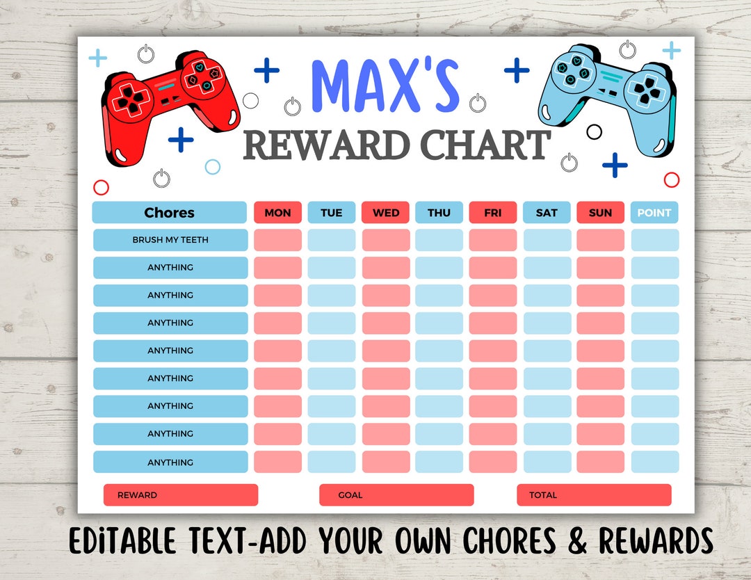 EDITABLE Video Game Reward Chart, Chore Chart, Behavior Chart, Boys ...