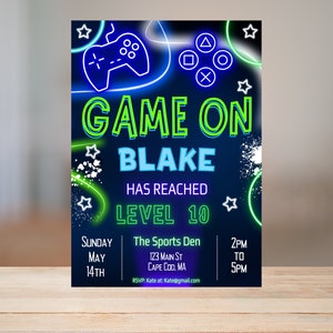 Editable Video Game Birthday Invitation Boy Gamer Birthday Party Neon ...