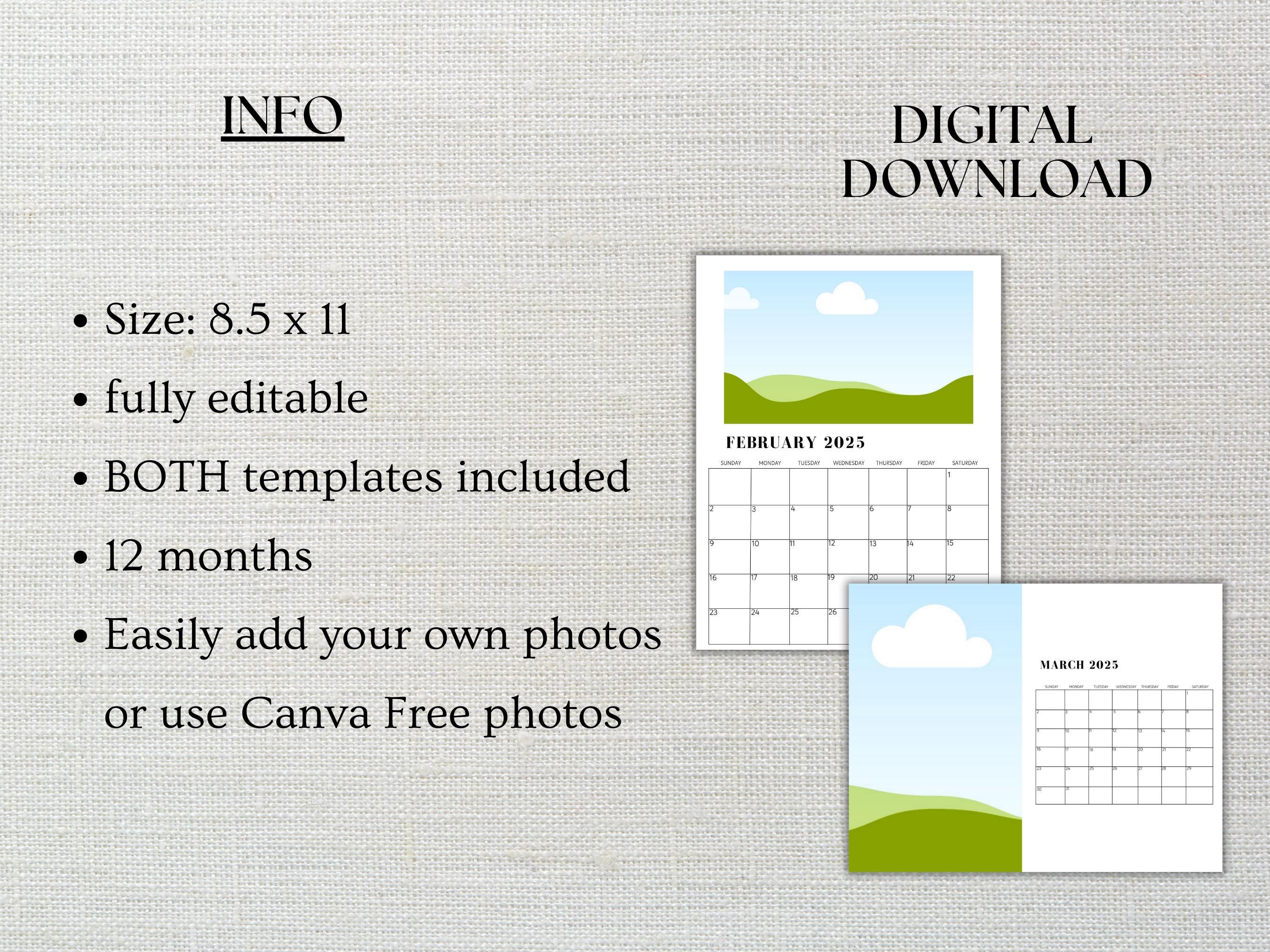 2025 Editable Calendar | Canva Template | Canva Frame | Editable ...