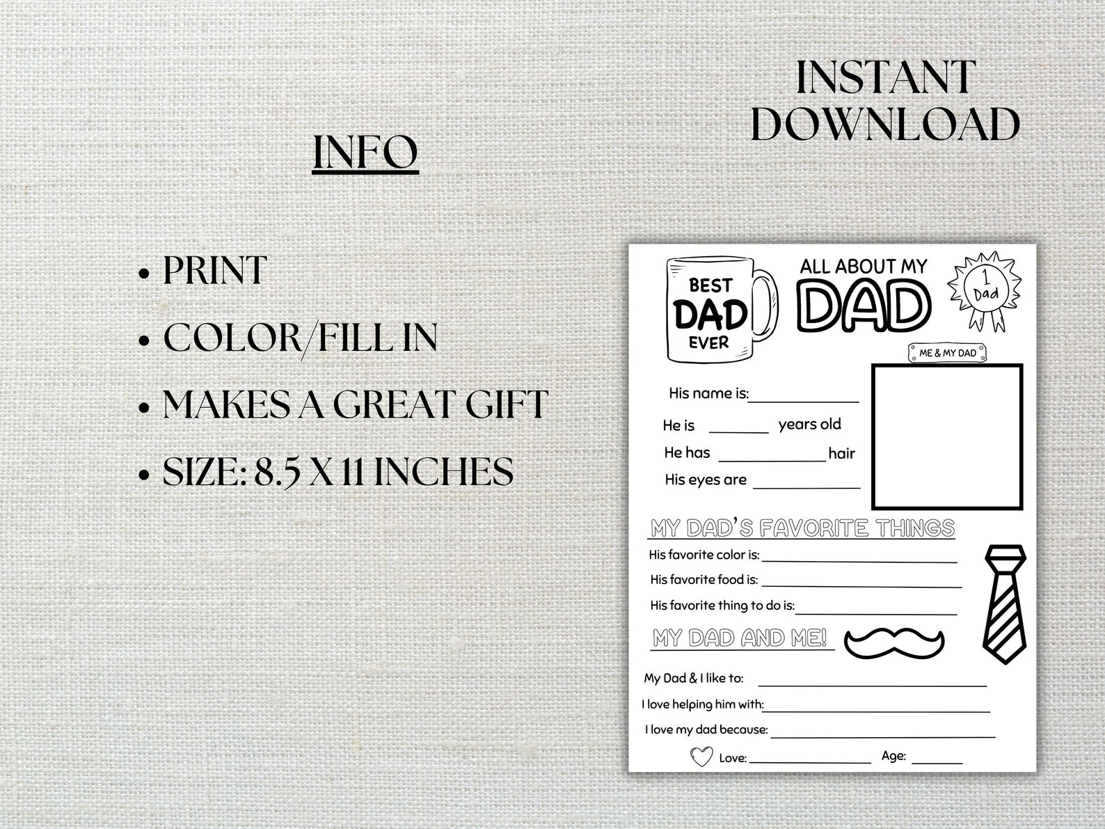 Father's Day Gift All About My Dad Printable | Dad's Birthday Gift ...