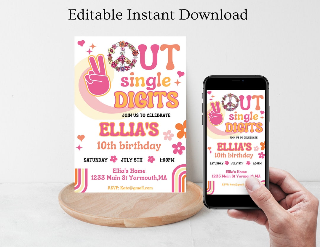 PEACE Out Single Digits Retro Text Invitation, 10th Birthday E-invite ...