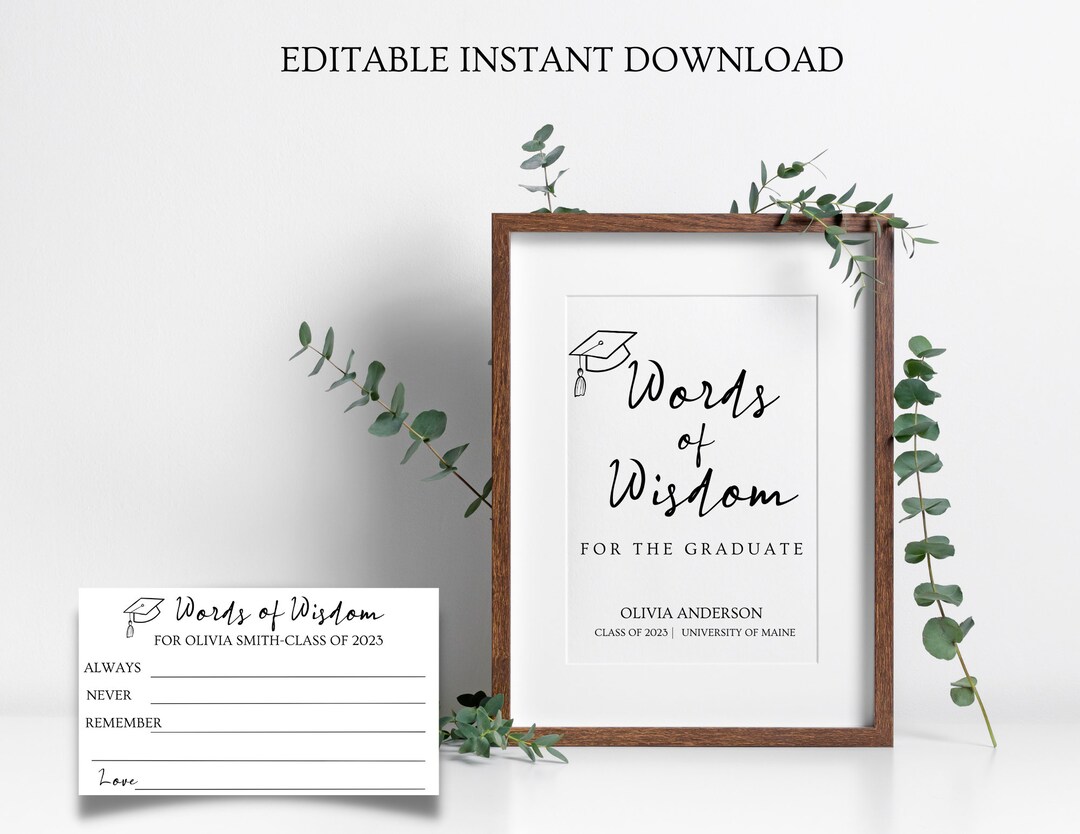 Words of Wisdom Graduation Sign & Card Template, Printable Graduation ...