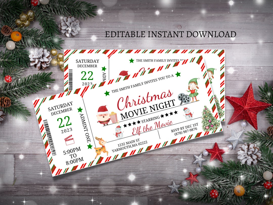 Christmas Movie Night Invitation Ticket, Christmas Movie Night Party ...