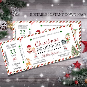 Christmas Movie Night Invitation Ticket, Christmas Movie Night Party ...