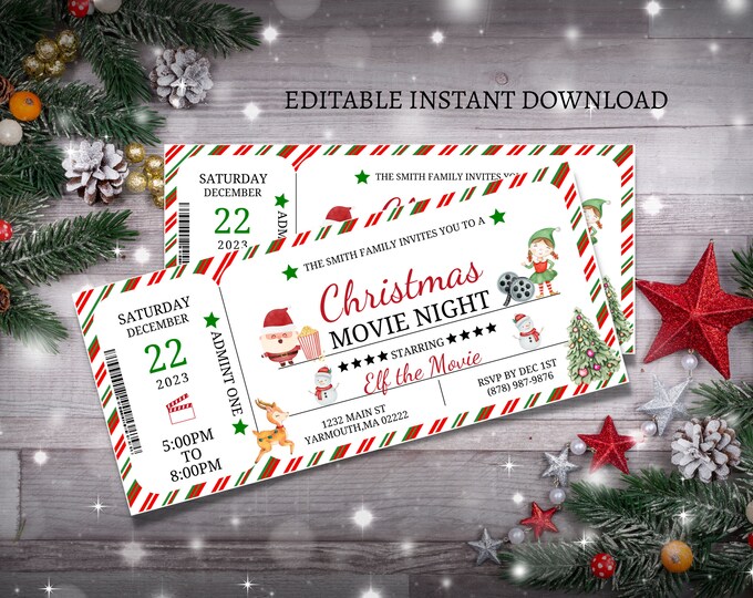 EDITABLE Christmas Movie Night Invitation Ticket, Xmas Movie Night ...