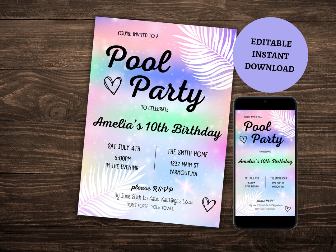 Editable Pool Party Invitation Template Pastel Rainbow Pool Birthday ...
