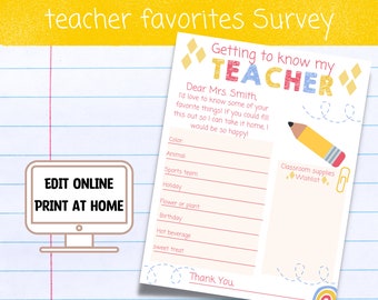 Favorites Teacher Survey Editable Canva Template Printable Back to ...