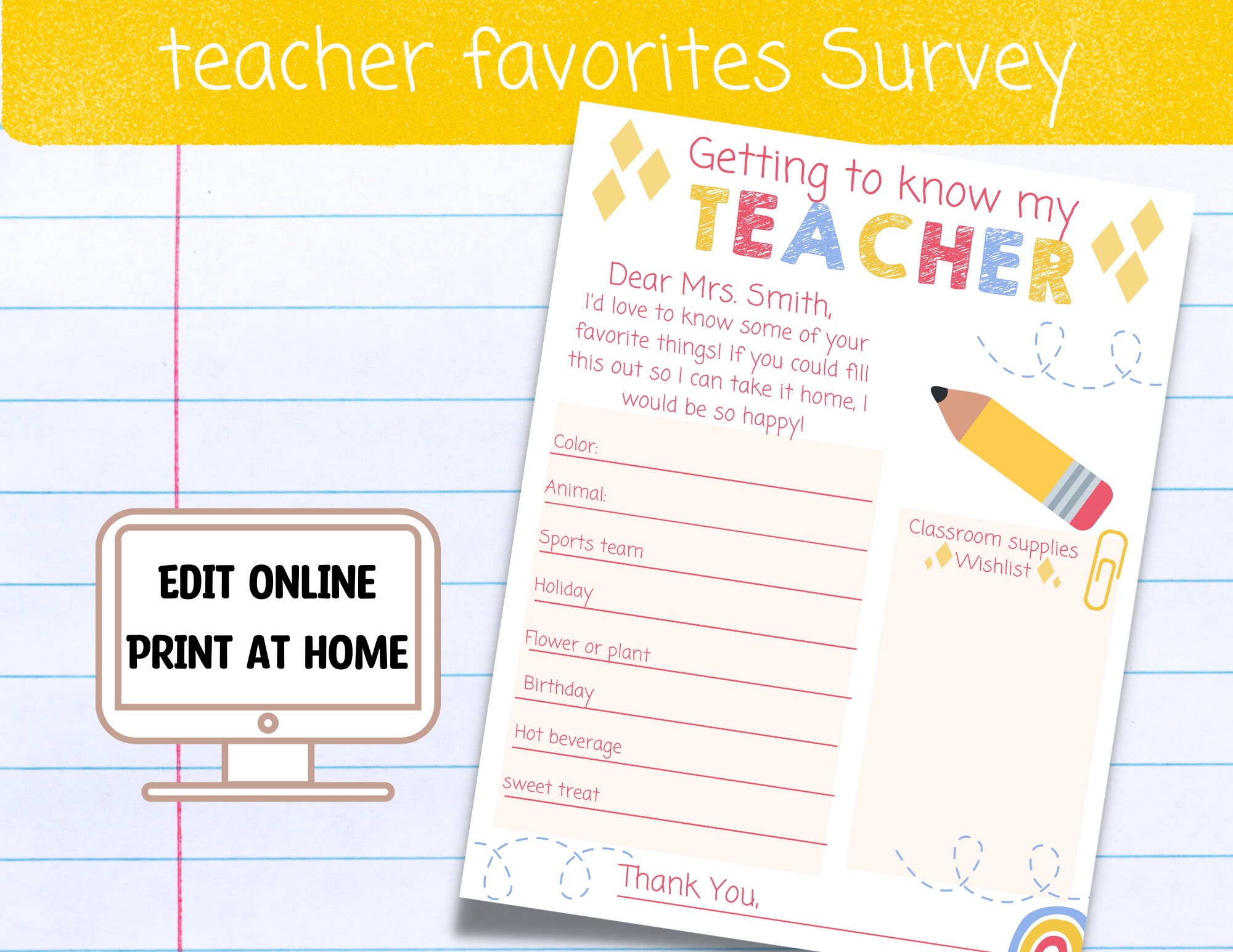 Favorites Teacher Survey Editable Canva Template Printable - Etsy