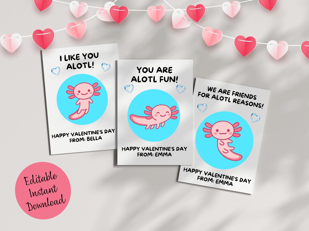 Axolotl Valentine’s Day Printable Cards for Kids, Printable Valentines ...