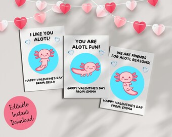 Axolotl Valentines Day Printable Cards for Kids, Printable Valentines ...