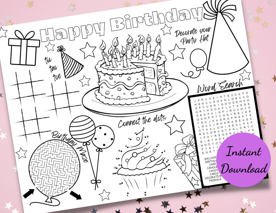 Kids Birthday Party Placemat Activity Sheet,birthday Favor Printable ...