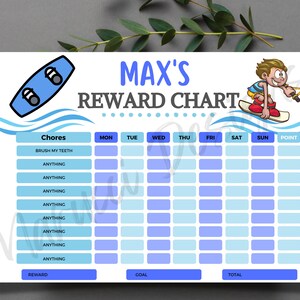 EDITABLE Reward Chart, Behavior Chart, Wakeboard Chore Chart, Daily ...