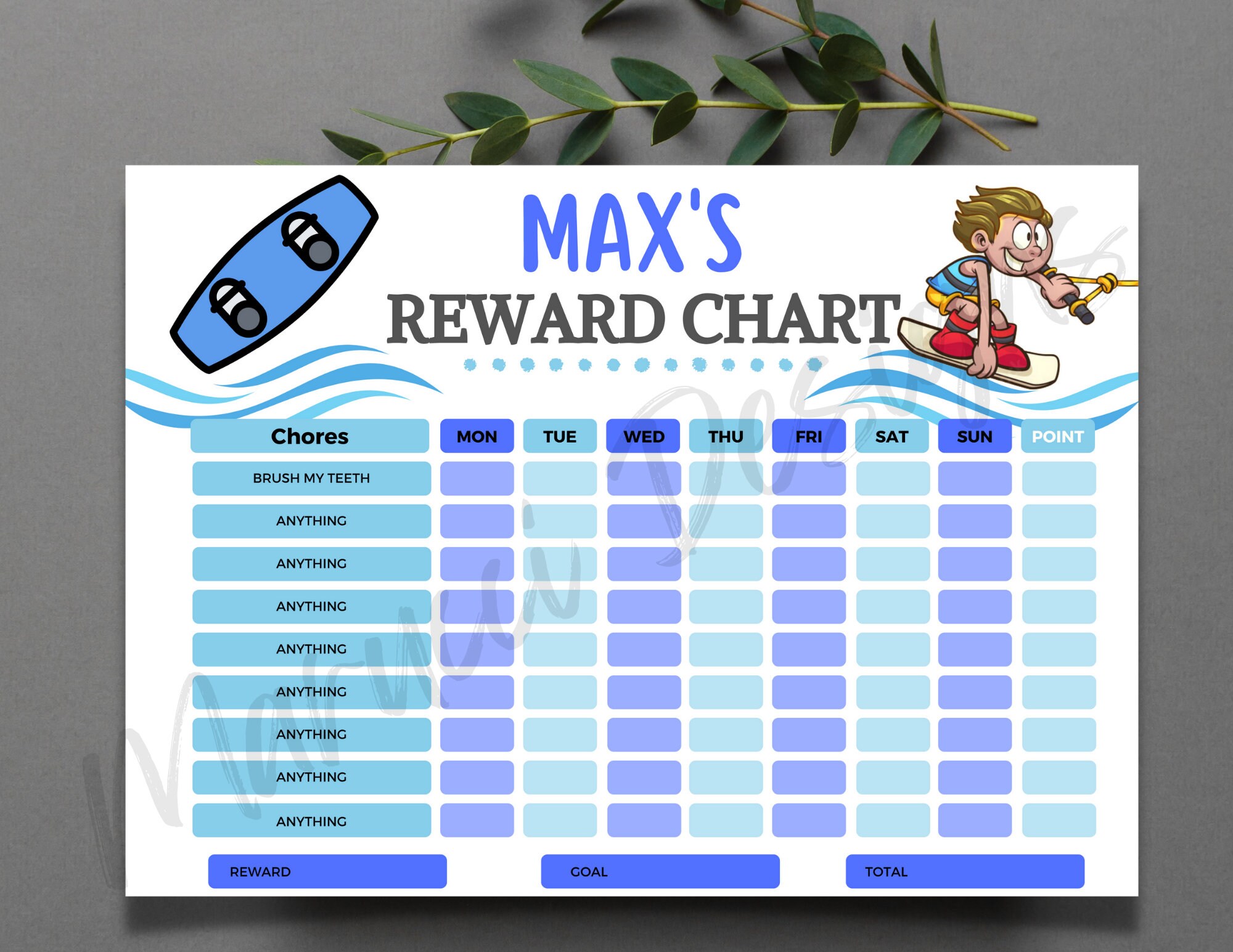 EDITABLE Reward Chart, Behavior Chart, Wakeboard Chore Chart, Daily ...