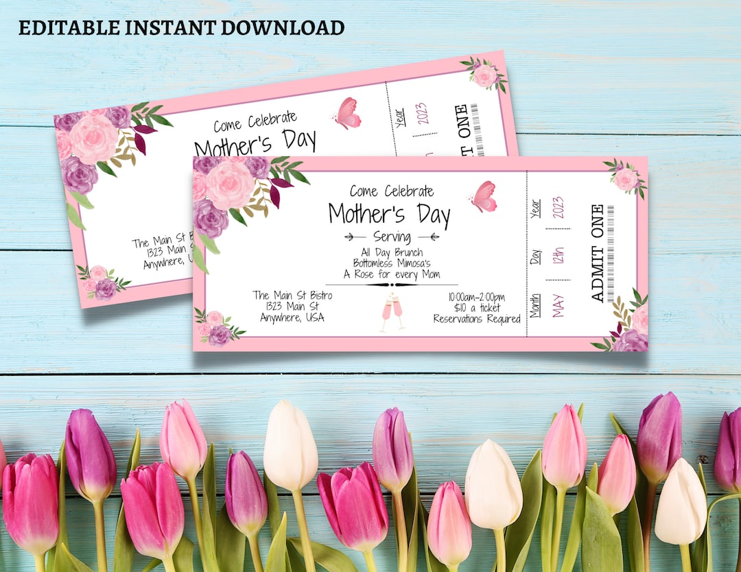 Mother's Day Brunch Ticket Invitation, Floral Brunch Tickets, Editable ...