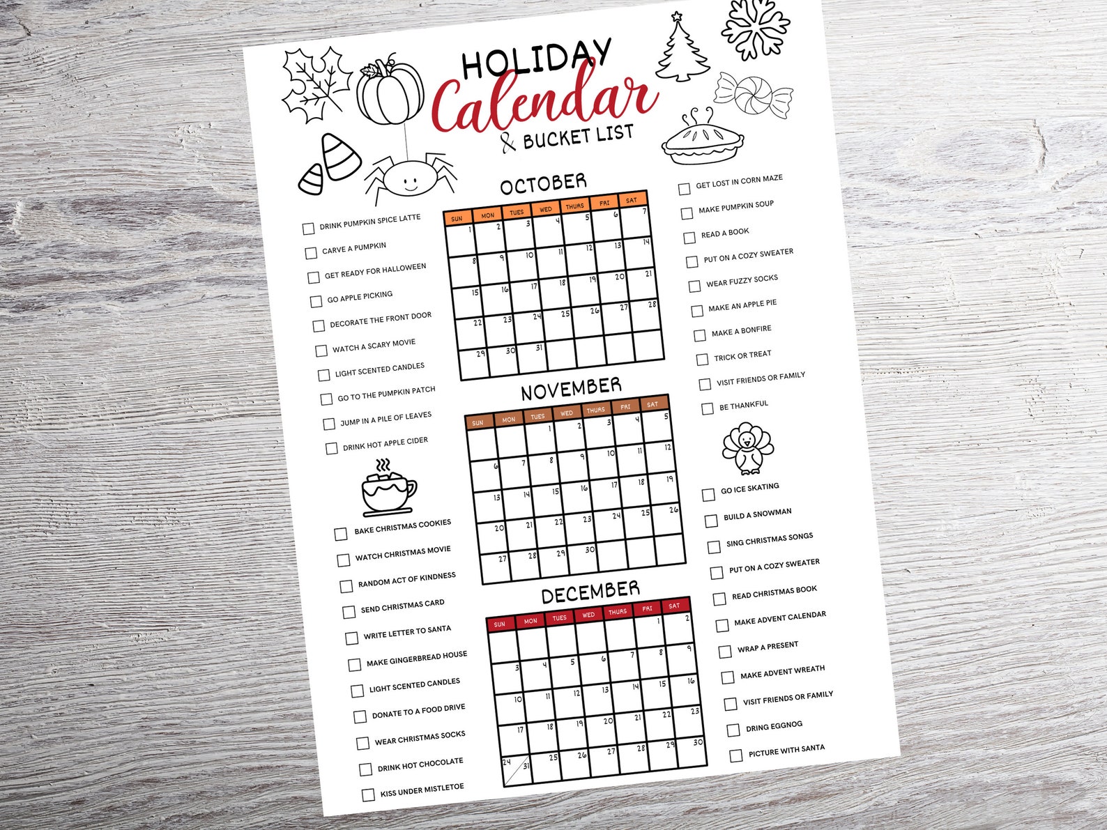 Printable Fall Calendar Poster, Fall Activities Calendar, Autumn ...
