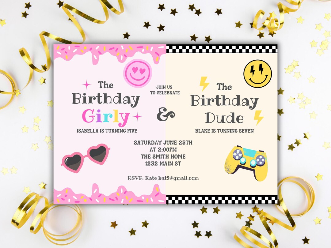 Boy Girl Siblings Double Birthday Invitation, Joint Birthday Invitation ...
