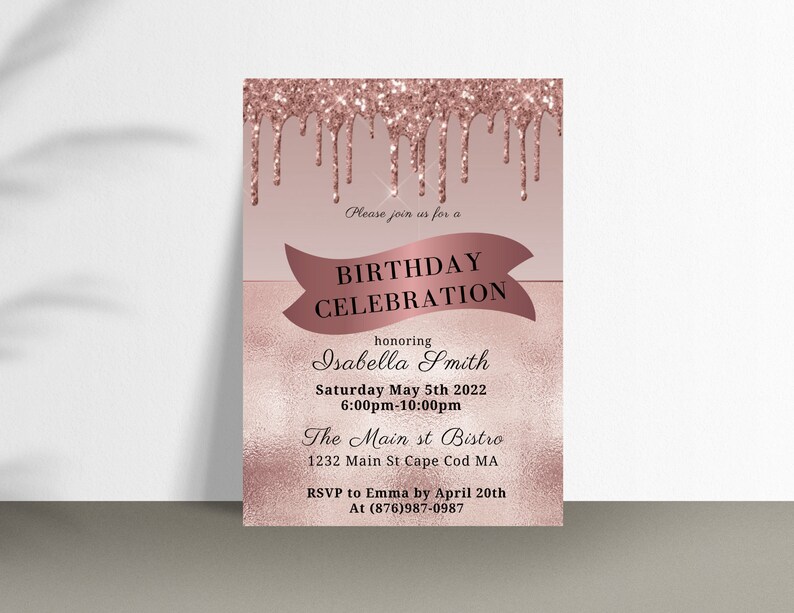 Editable Rose Gold Birthday Invitation Rose Gold Glitter - Etsy