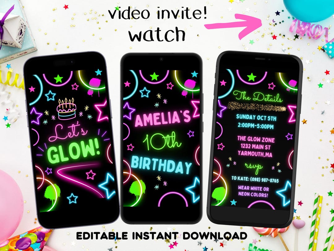 Glow Party Birthday VIDEO Invitation for Kids | Neon Glow in the Dark ...