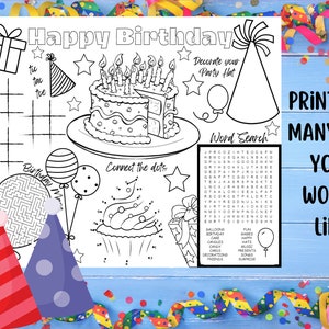 Kids Birthday Party Placemat Activity Sheet,birthday Favor Printable ...