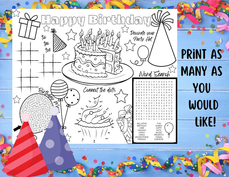 Kids Birthday Party Placemat Activity Sheet,birthday Favor Printable ...