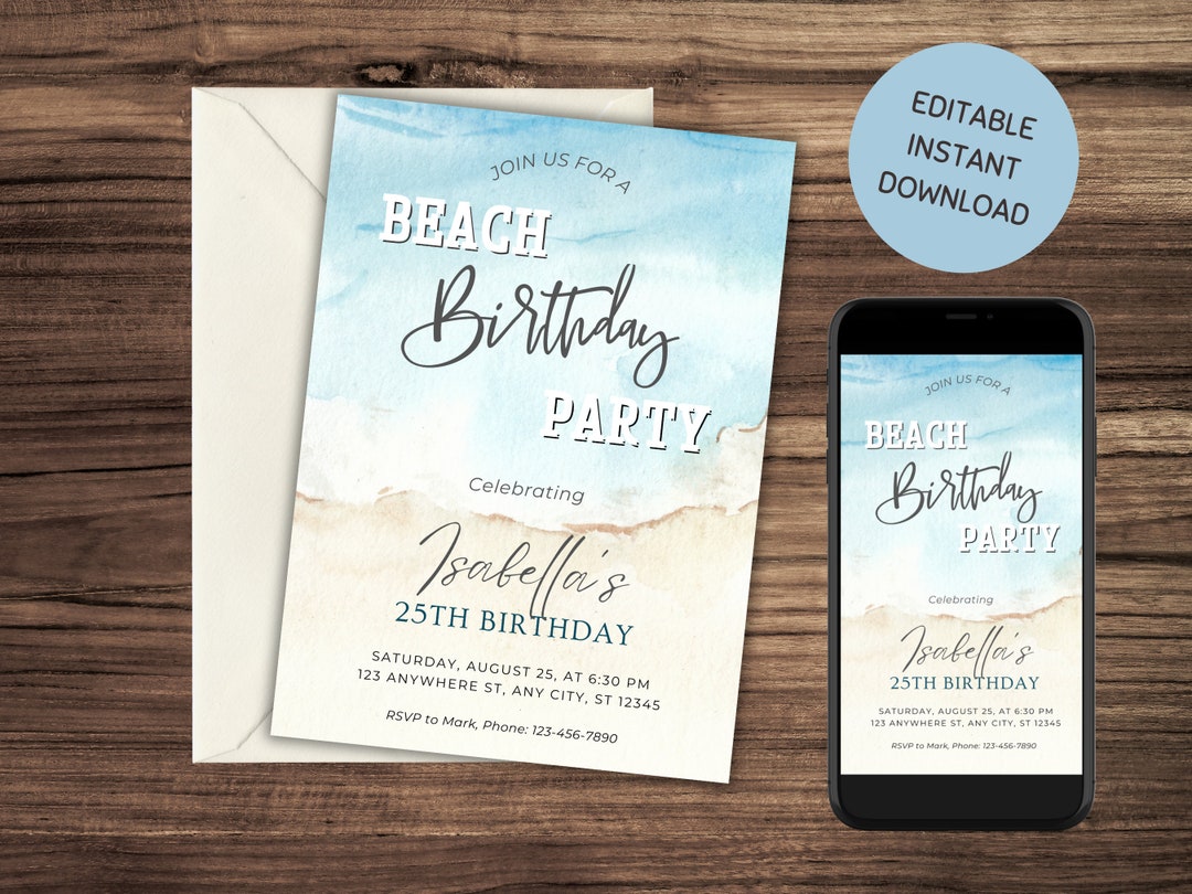 Beach Birthday Party Invitation, Editable Birthday Party Invite, Beach ...