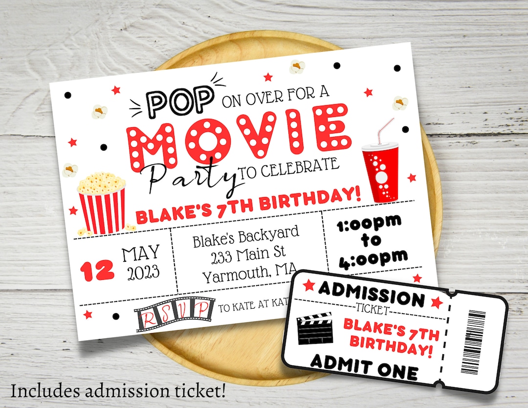 Movie Birthday Invitation, Cinema Birthday Invitation, Pop on Over ...