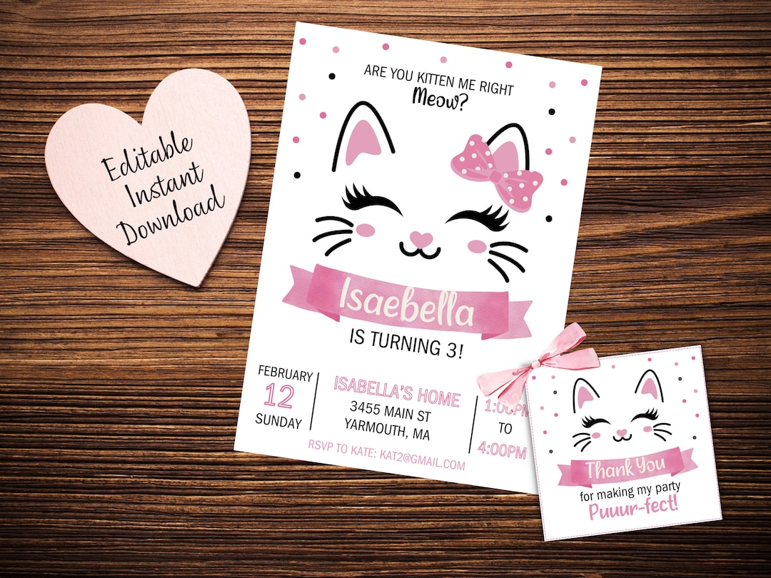 Kitty Cat Birthday Invitation, EDITABLE Purrfect Party Invite Template ...