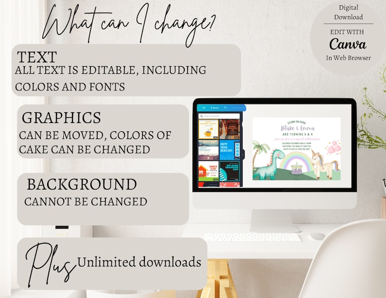 Unicorn and Dinosaur Birthday Invitation, Sibling Birthday, Joint ...