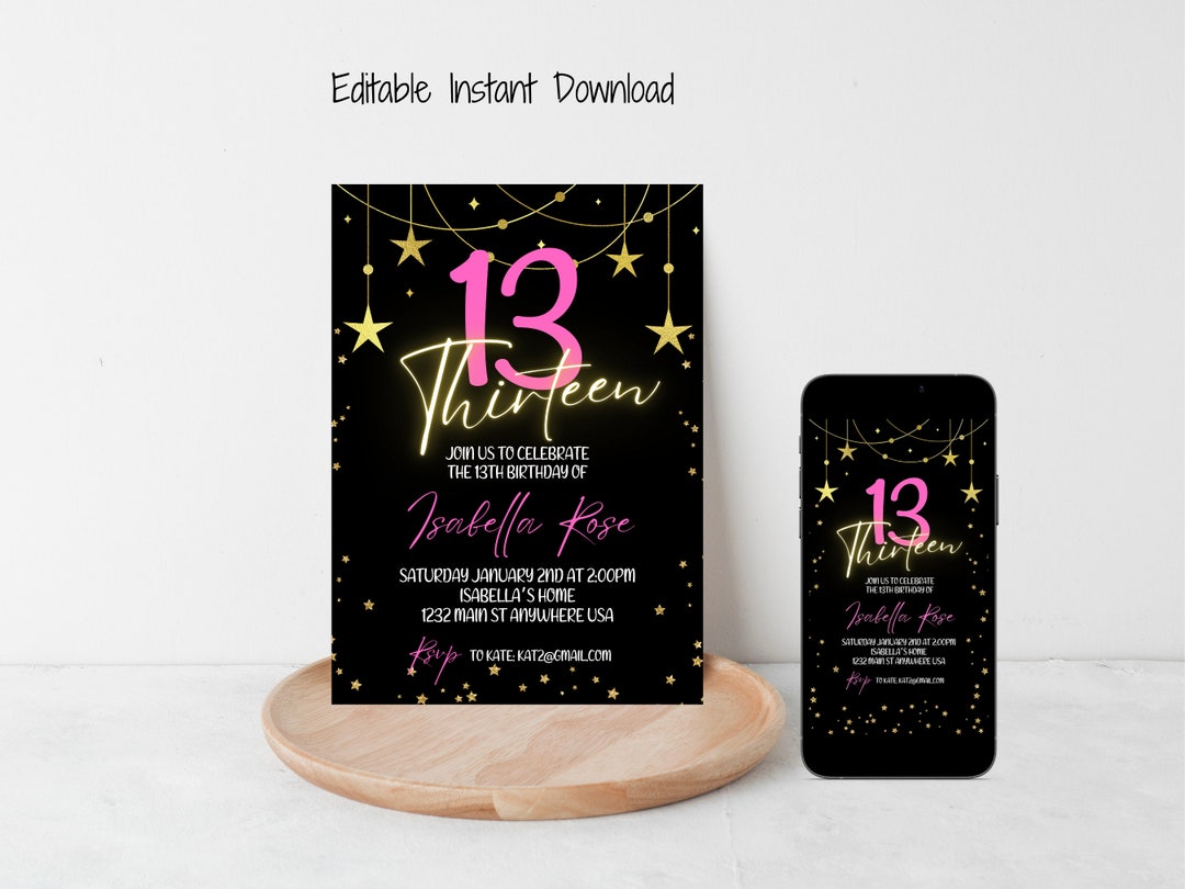 13th Birthday Invitation for Girl, Gold Glitter Pink Neon, Editable ...