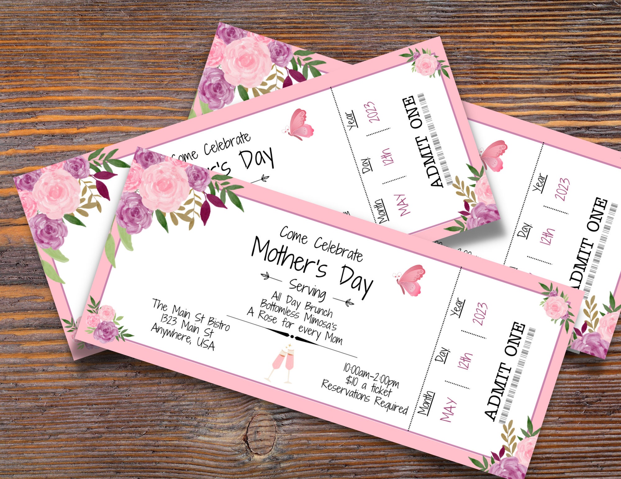 Mother's Day Brunch Ticket Invitation, Floral Brunch Tickets, Editable ...