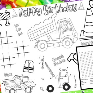 CONSTRUCTION Birthday Printable Placemat Activity ,birthday Coloring ...