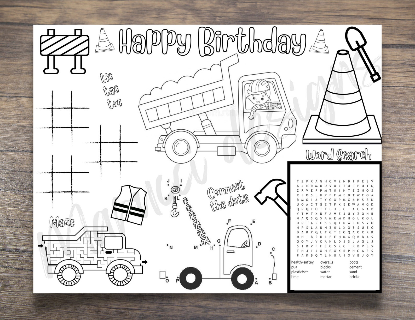 CONSTRUCTION Birthday Printable Placemat Activity ,birthday Coloring ...