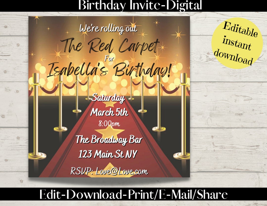 Red Carpet Birthday Invite-red Carpet-movie Theme Birthday-hollywood ...
