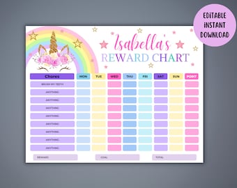 Unicorn Reward Chart, Unicorn Behavior Chart, Pink & Gold Rainbow ...
