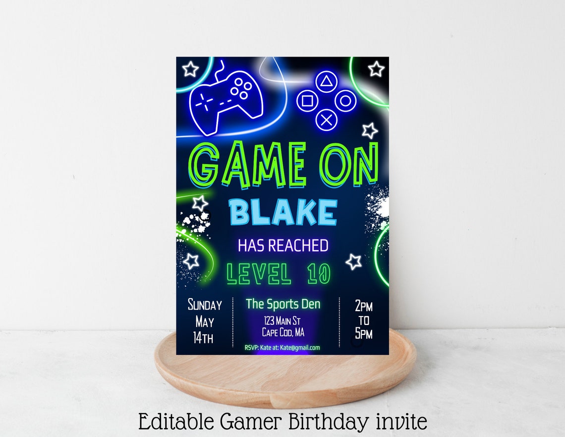 Editable Video Game Birthday Invitation Boy Gamer Birthday Party Neon ...