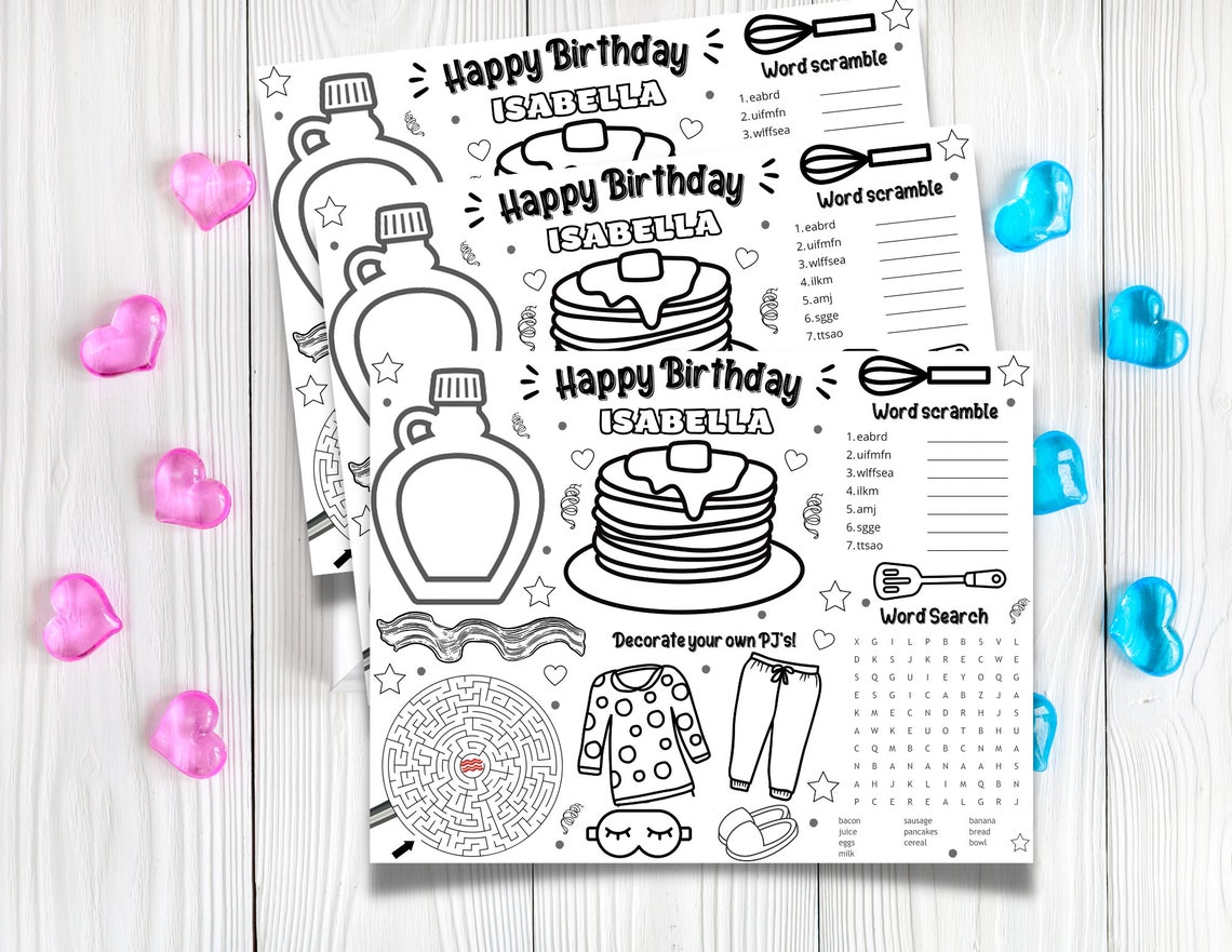 Printable Pancakes and Pajamas Coloring Placemat, Personalized, Digital ...